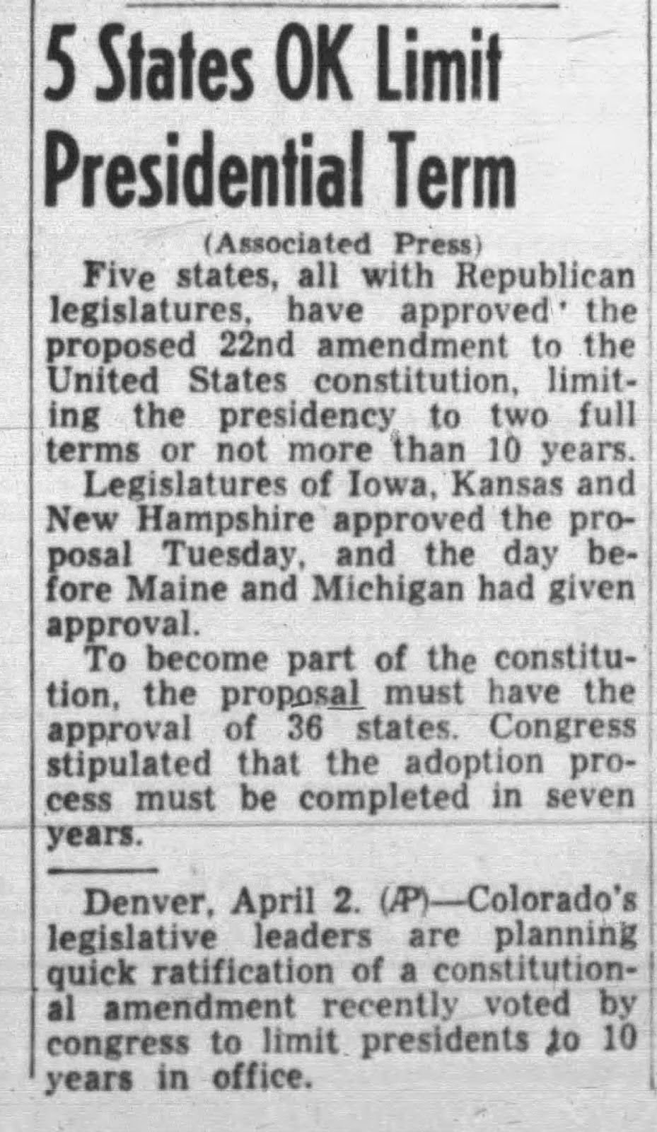 2 presidential terms, 41 states: the ratification of the 22nd Amendment ...