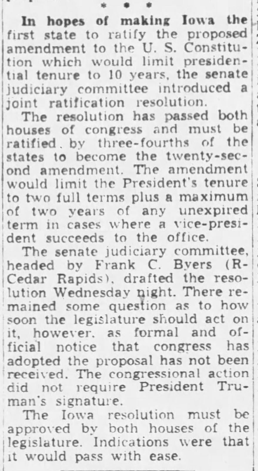 2 presidential terms, 41 states: the ratification of the 22nd Amendment ...